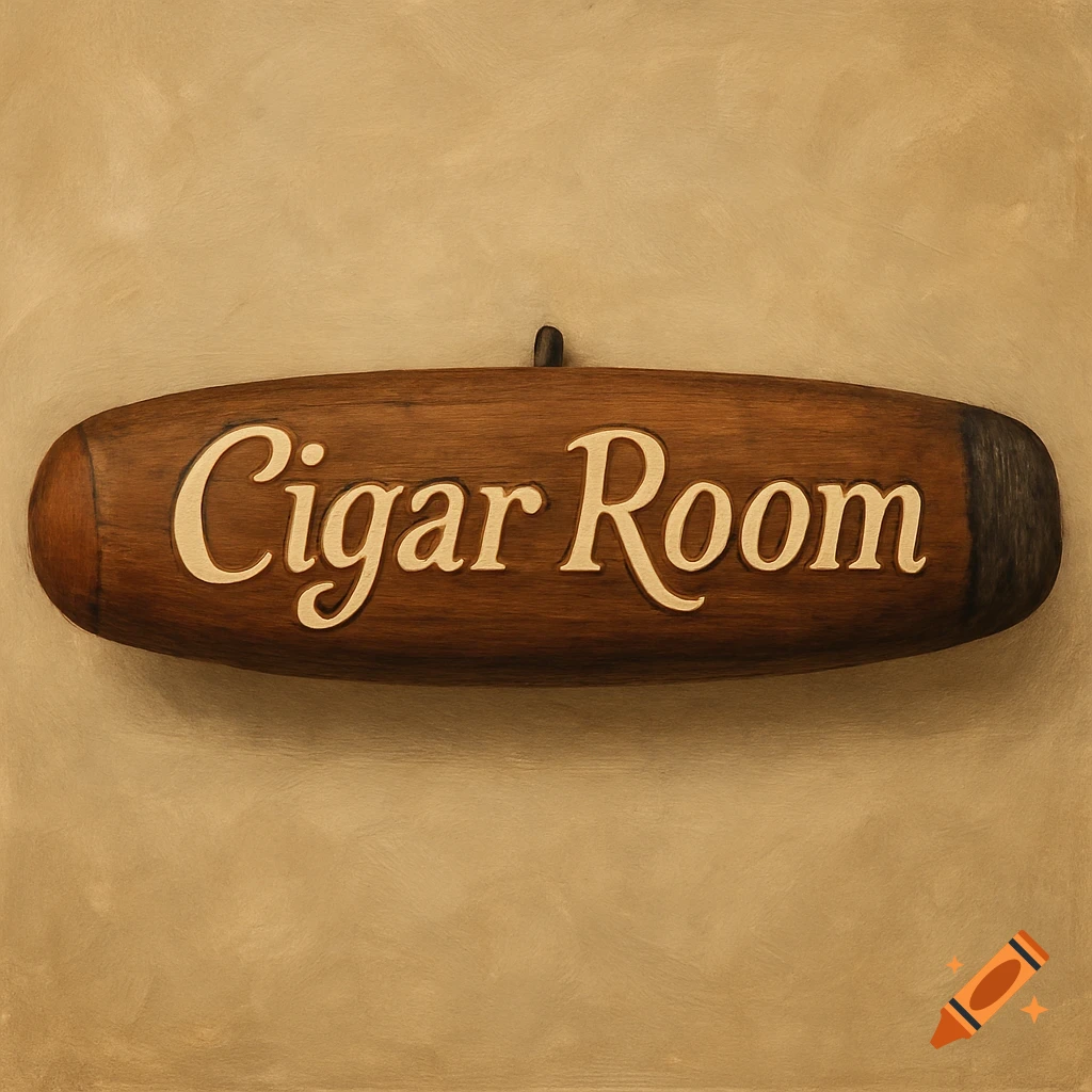 Wooden cigar-shaped sign saying Cigar Room on a wall. on Craiyon