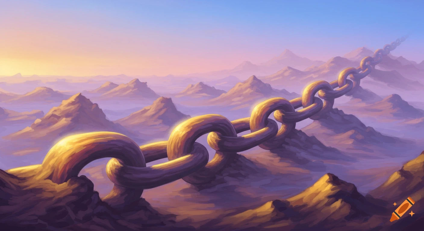 A giant chain made of golden hills stretches across a hazy mountain ...