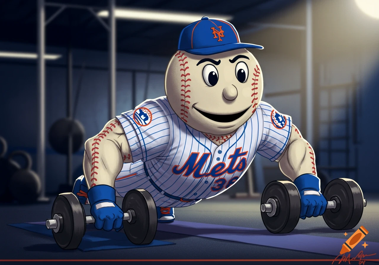 Cartoon baseball mascot Mr. Met doing push-ups with dumbbells in a gym ...