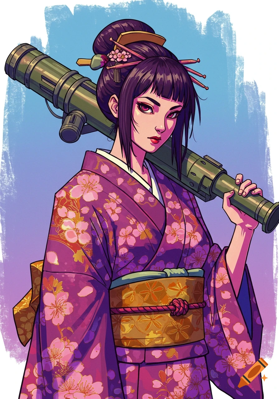 Anime illustration of a woman in a purple kimono with cherry blossoms ...
