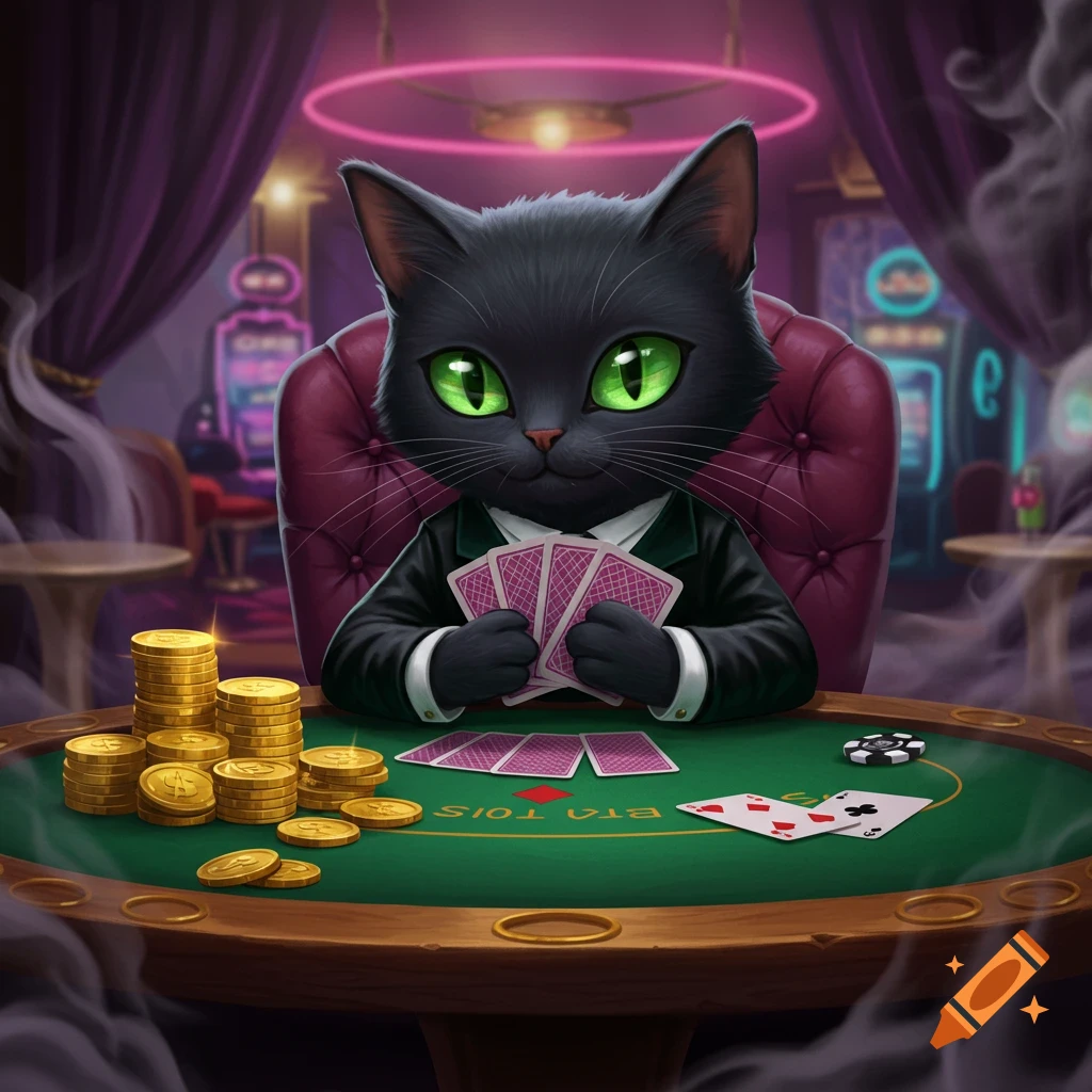 A cartoon black cat in a suit plays poker at a casino table with stacks ...