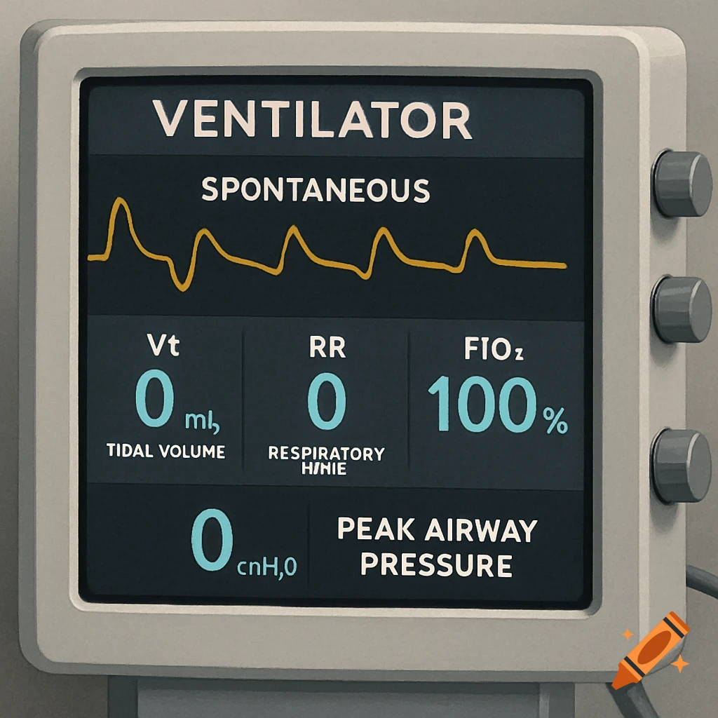 A digital mechanical ventilator screen shows medical readings and a ...