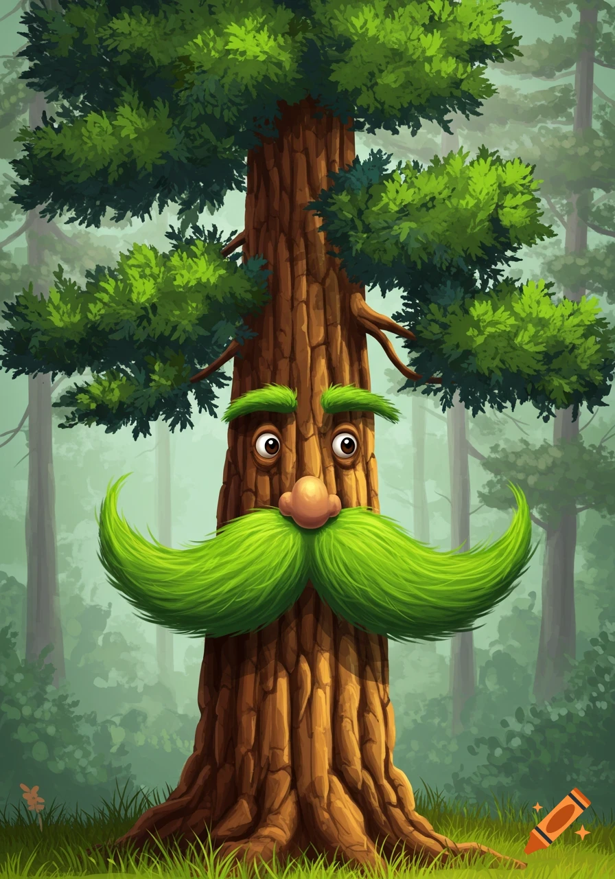 Cartoon pine tree with green mustache and eyebrows in a forest. on Craiyon