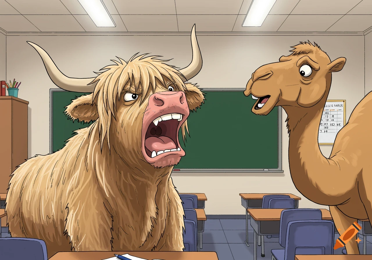 A cartoon Scottish cow yelling at a camel in a classroom. on Craiyon
