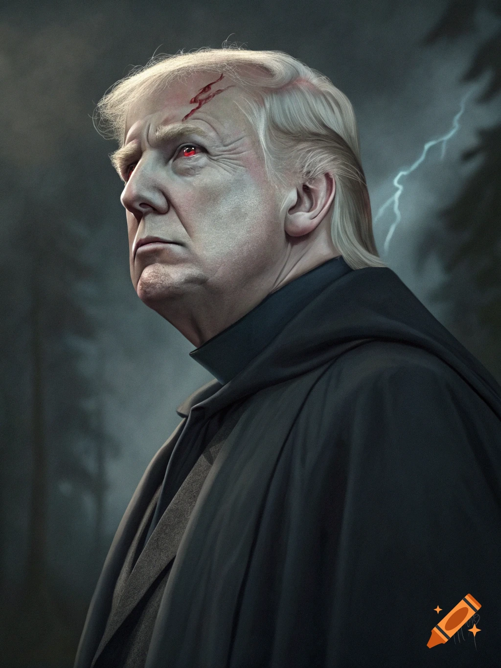 Portrait of Donald Trump styled as Lord Voldemort with red eyes and ...