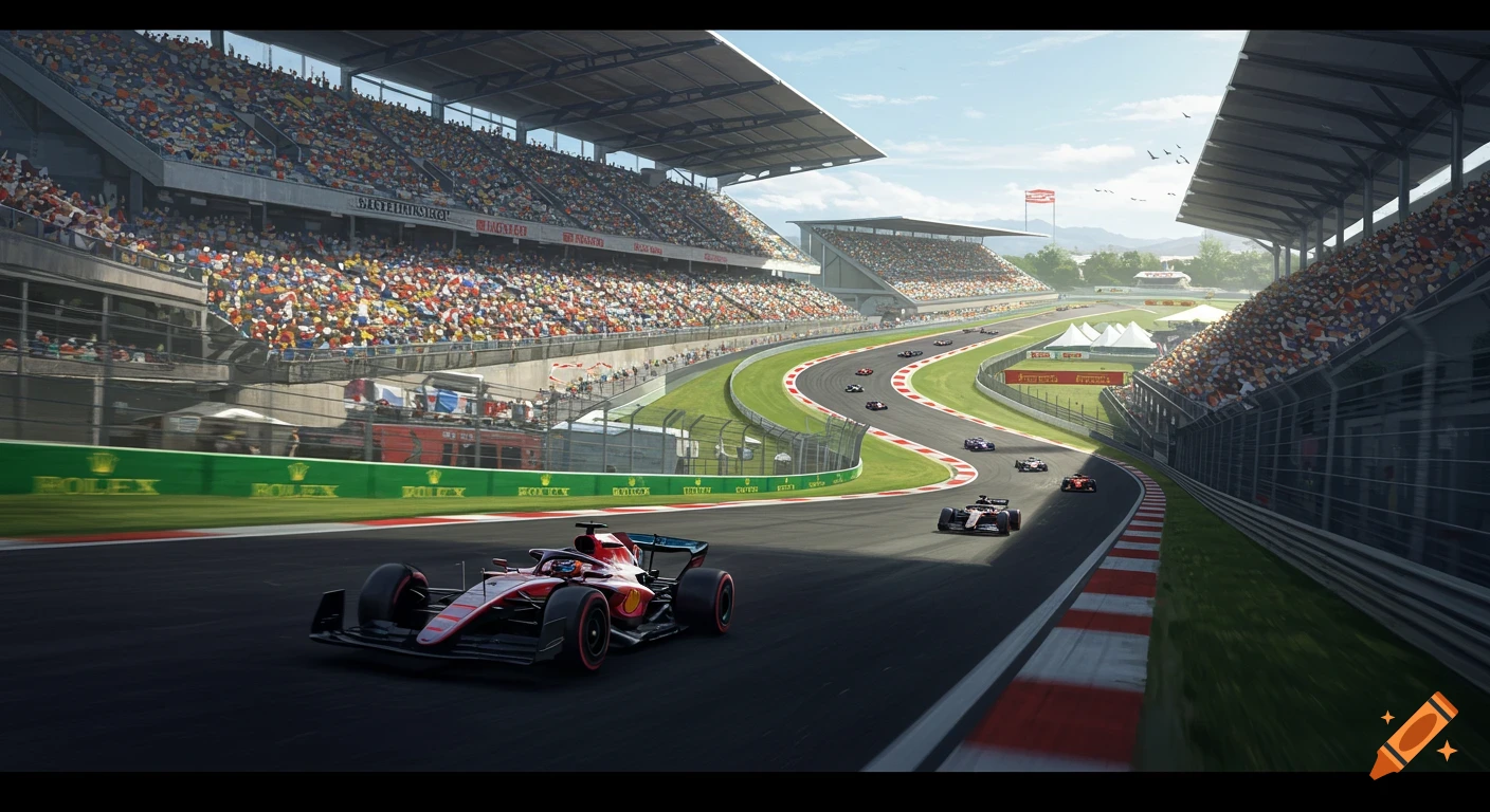 Realistic image of Formula 1 race cars on a track in a stadium full of ...