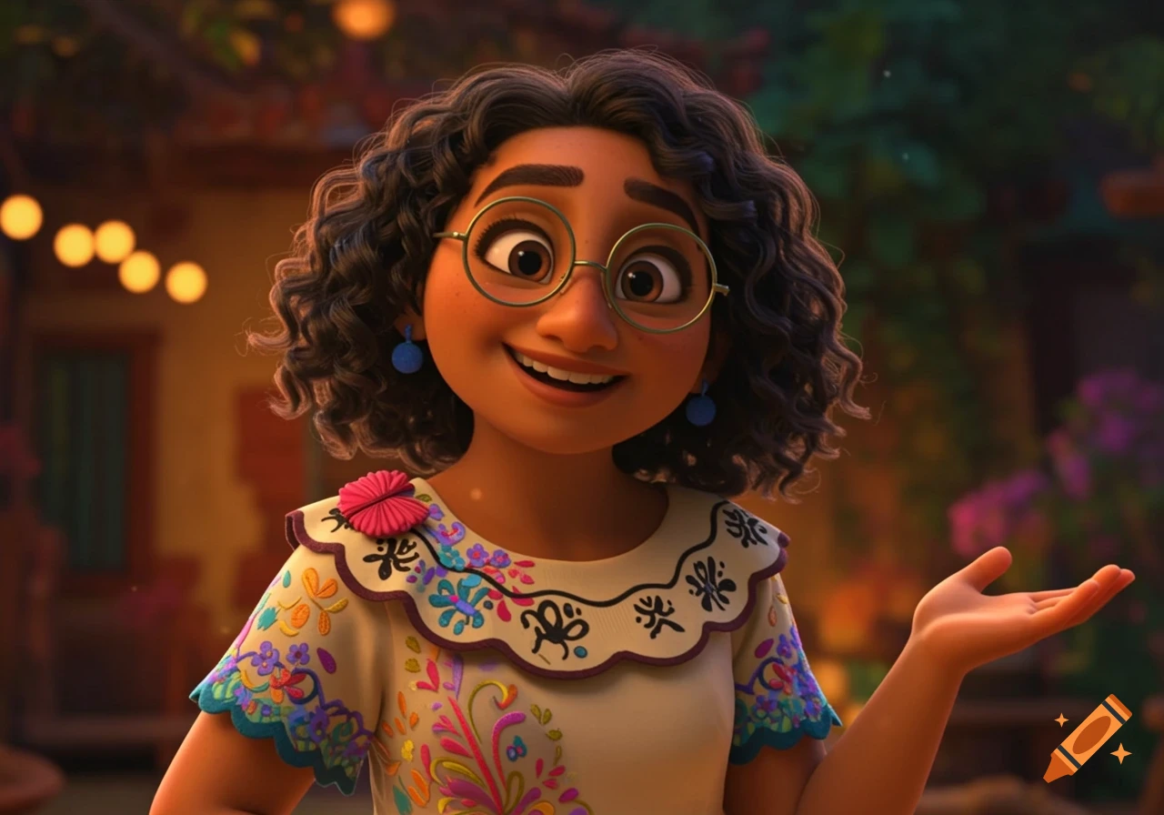 Animated character Mirabel from Encanto smiling and gesturing on Craiyon