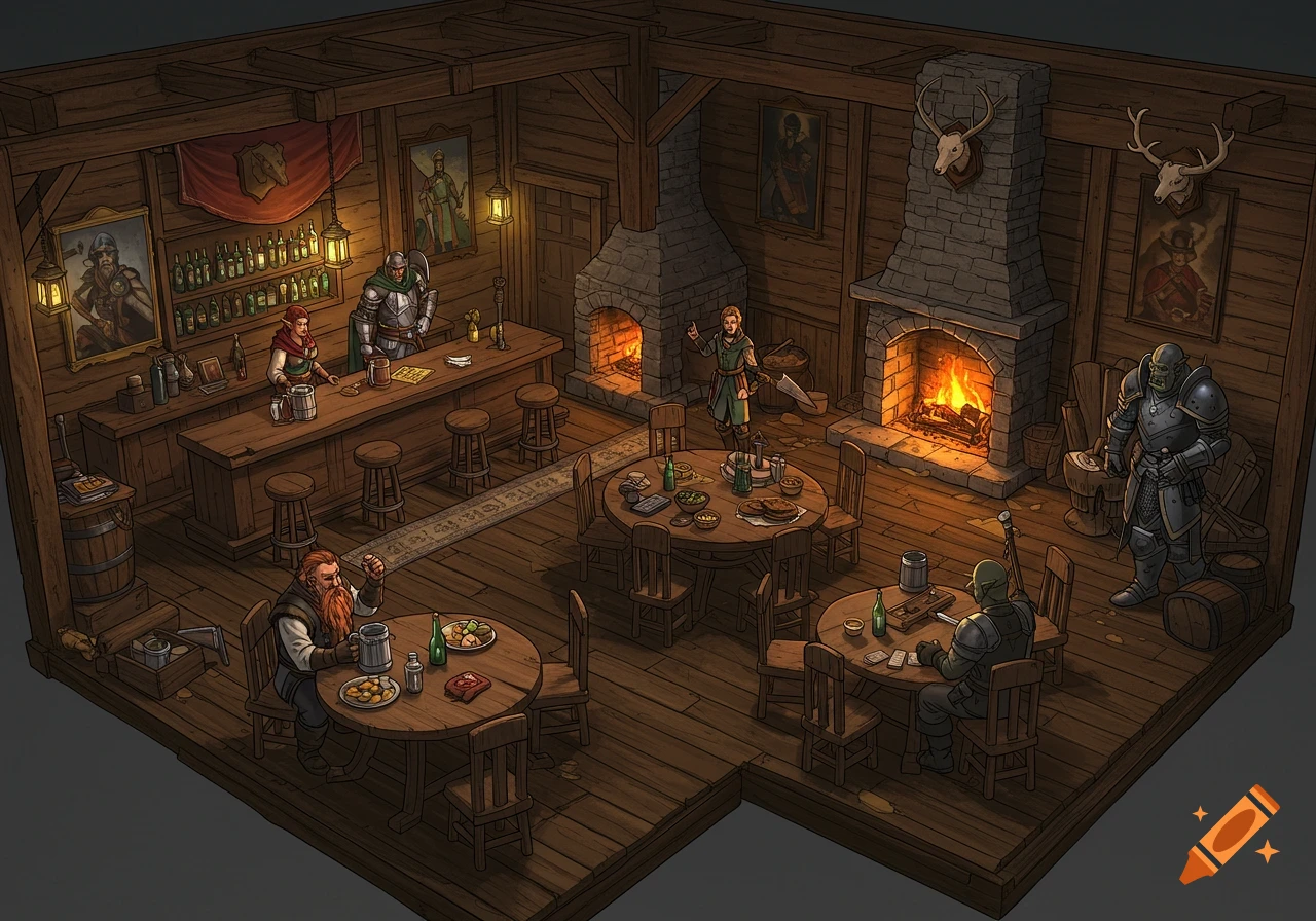 2D fantasy illustration of a busy tavern interior with characters on ...