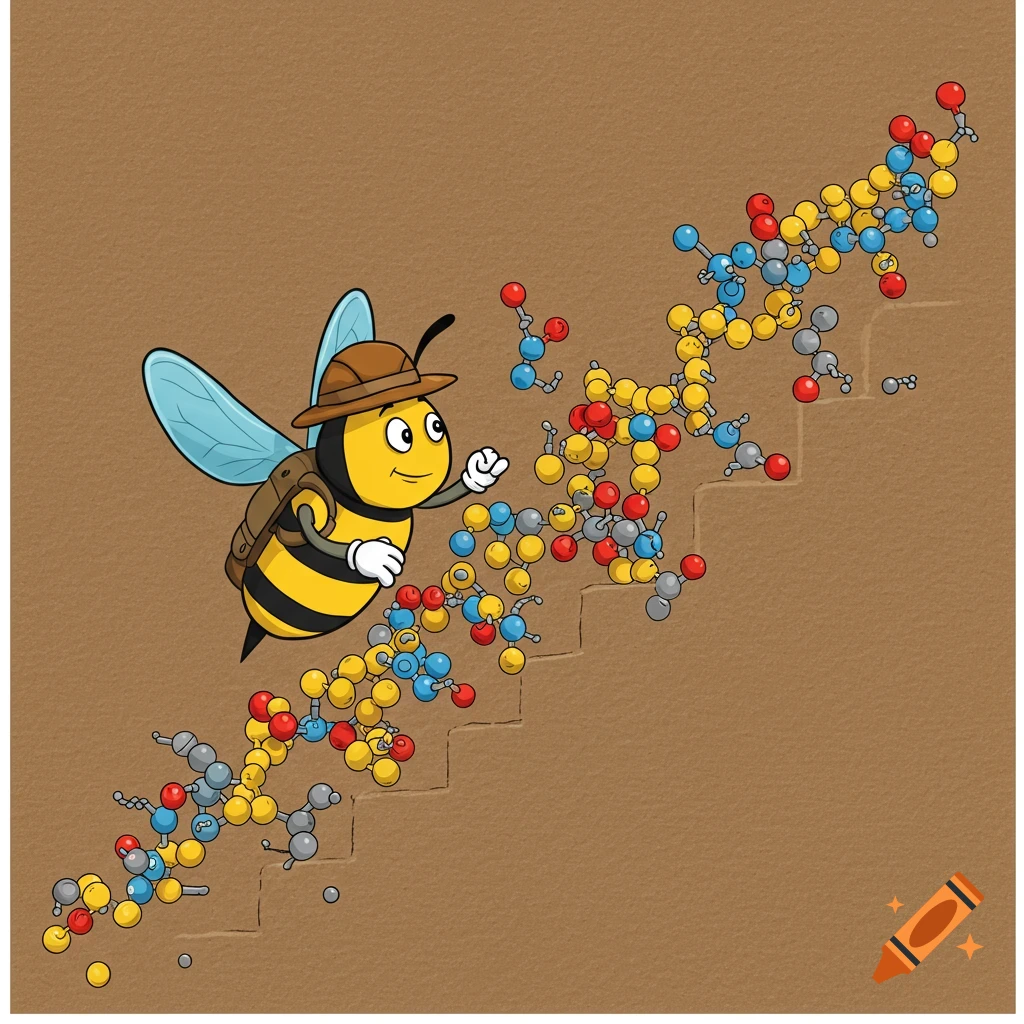 Cartoon bee with explorer gear climbs stairs made of colorful molecules ...
