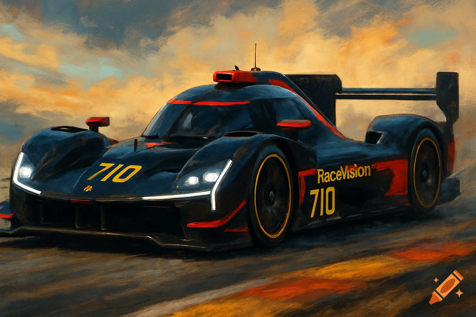 Black race car with yellow 710 and red accents on a track in a ...