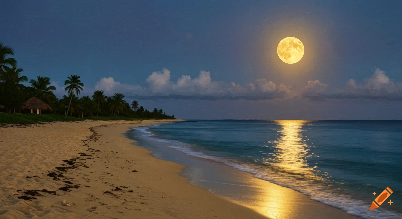 A full moon rises over a sandy beach with palm trees, casting a bright reflection on the ocean ...