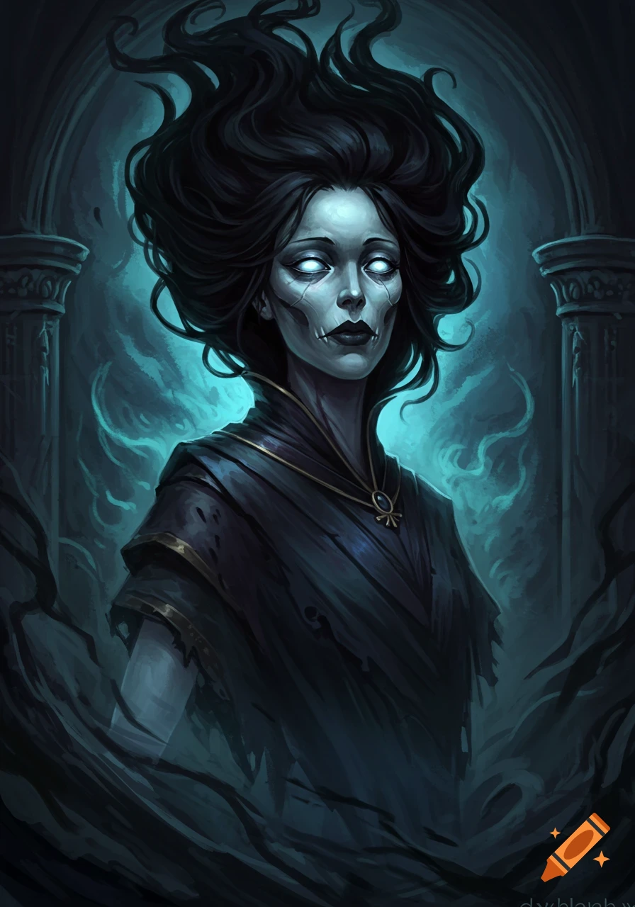 A dark fantasy digital painting of a female undead character with ...