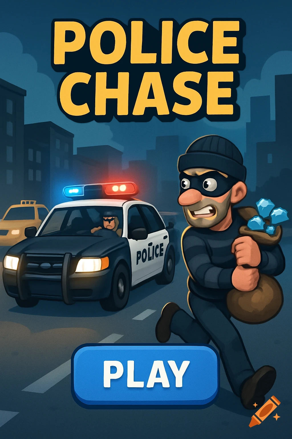 Cartoon style illustration of a robber running from a police car at ...