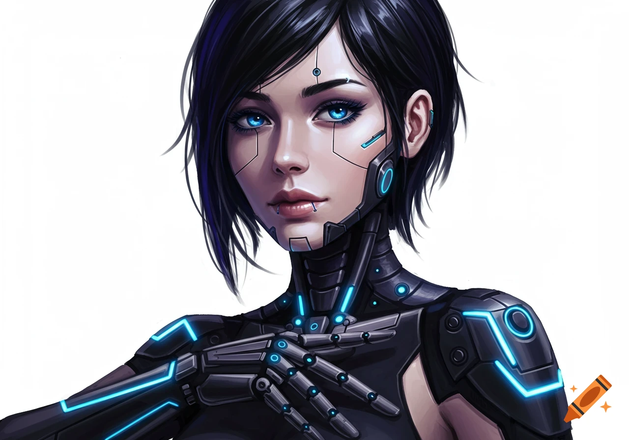 Close-up digital painting of a female cyborg with blue glowing eyes and ...