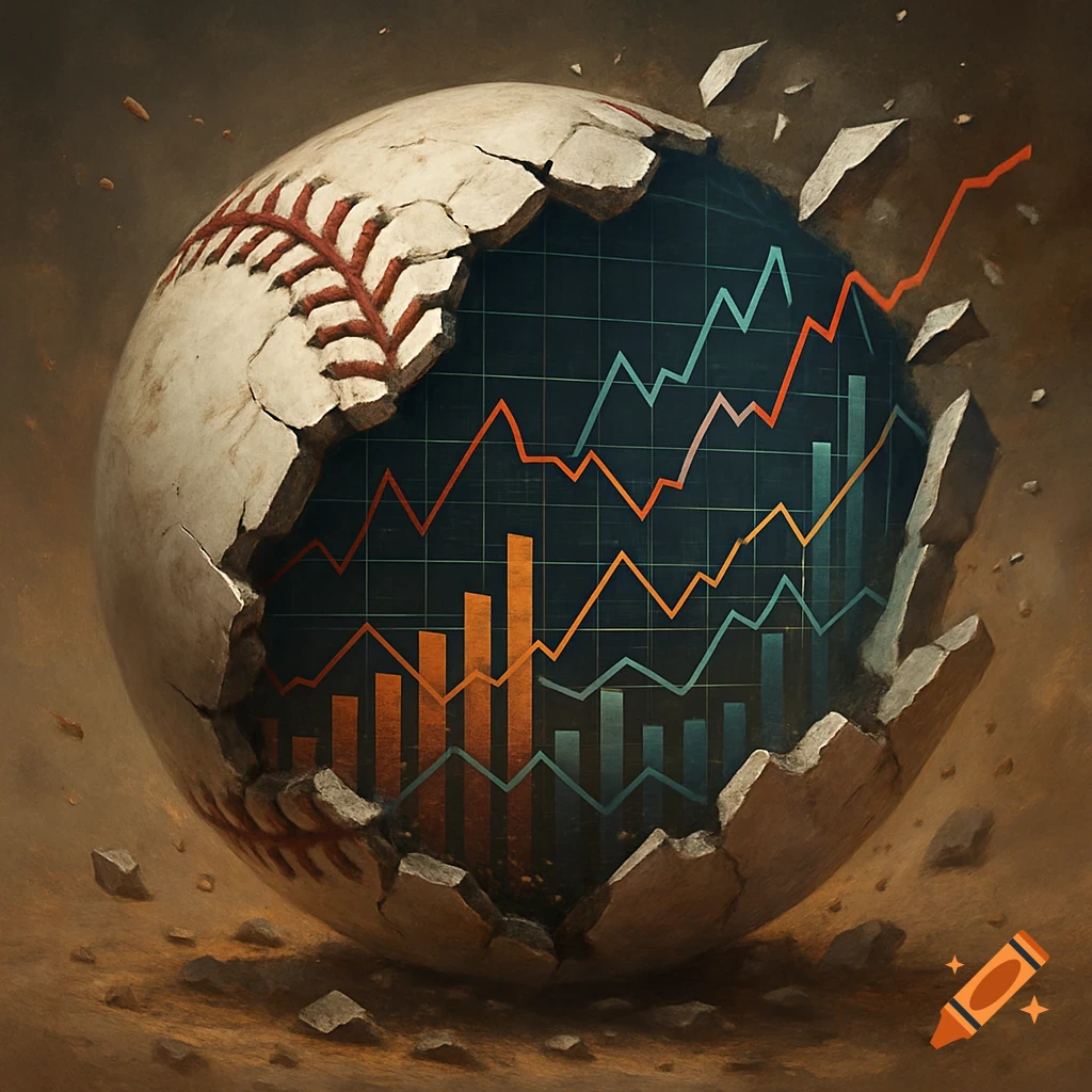 A shattered baseball reveals rising line and bar graphs within on Craiyon