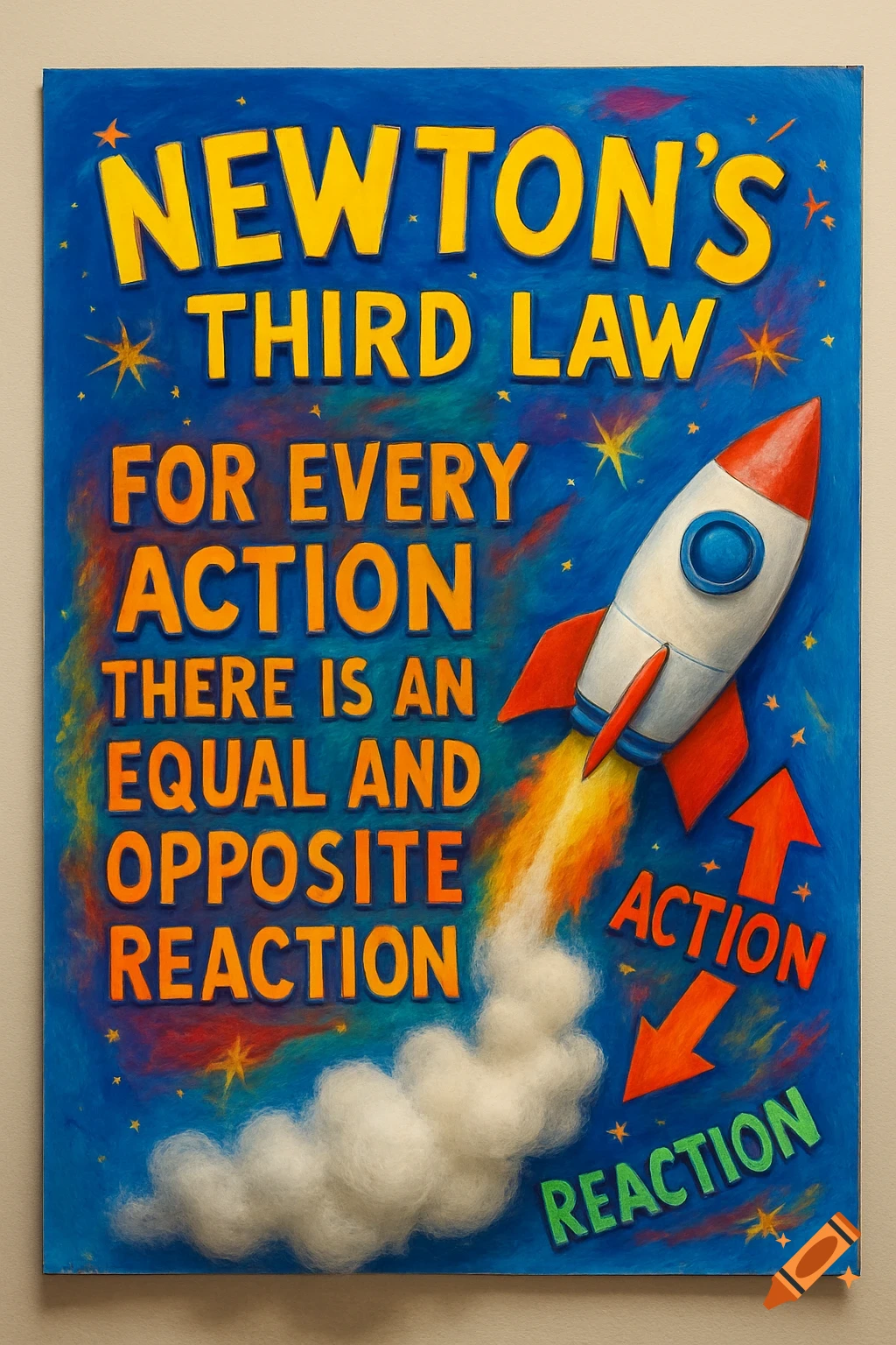 Colorful science poster about Newton's Third Law with a rocket and ...
