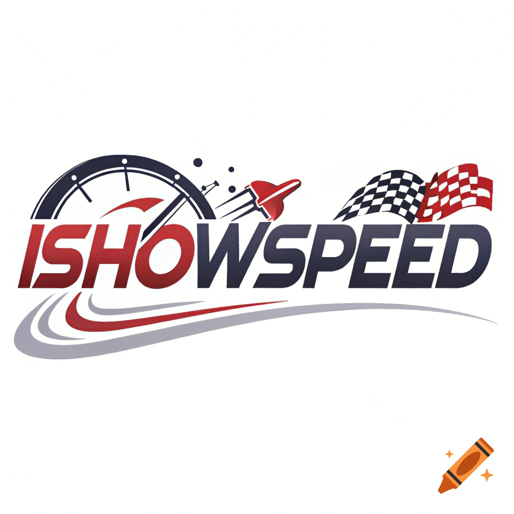 A logo featuring the text ISHOWSPEED with a speedometer, rocket, and checkered flags. on Craiyon