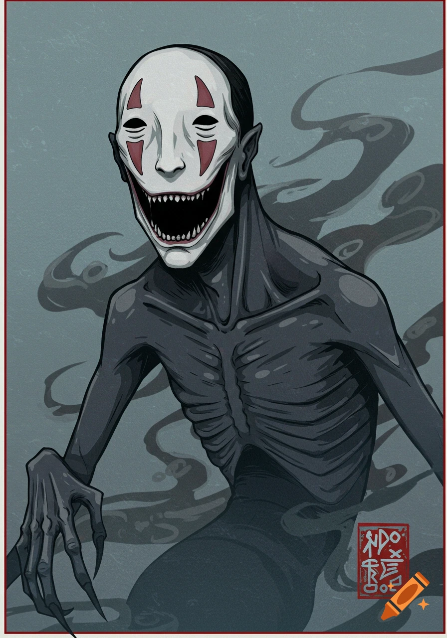 Illustration of a gaunt, dark figure with a white mask-like face, wide ...