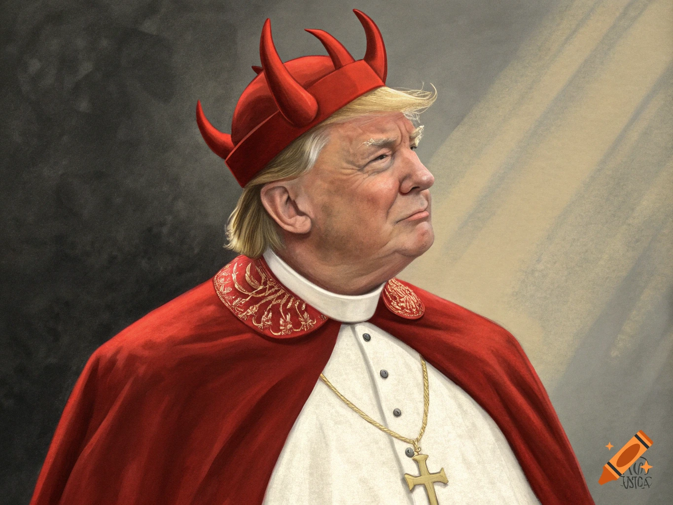 Illustration of Donald Trump dressed as the Pope with red devil horns ...