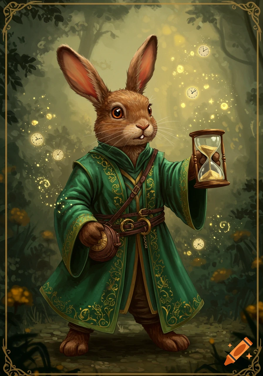 Anthropomorphic rabbit wizard in a green cloak holding an hourglass in ...