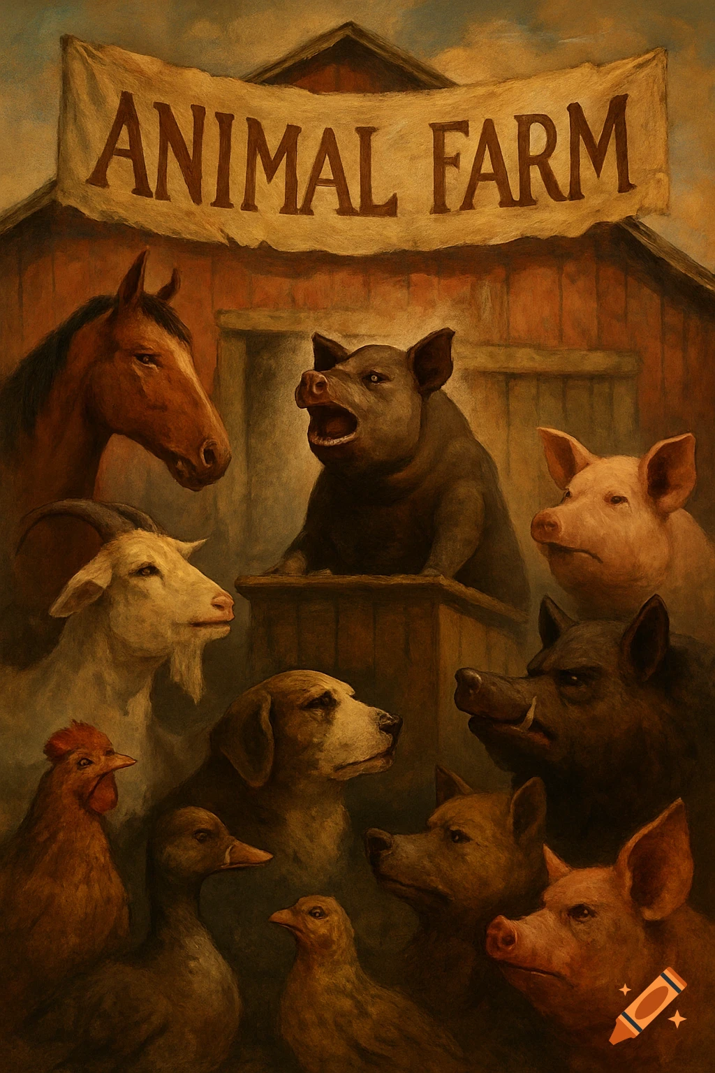 A painting of farm animals, including a pig speaking from a podium ...