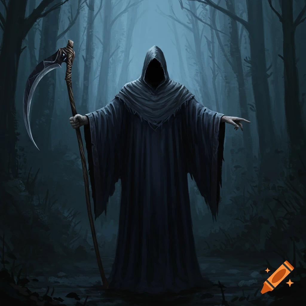A figure in a dark hooded cloak holding a scythe stands with ...