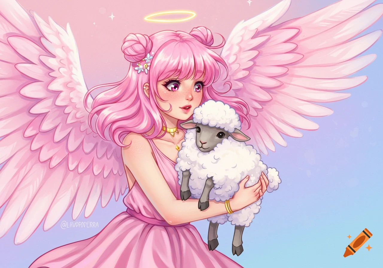 Pink-haired anime angel with wings and halo holds a fluffy sheep. on ...