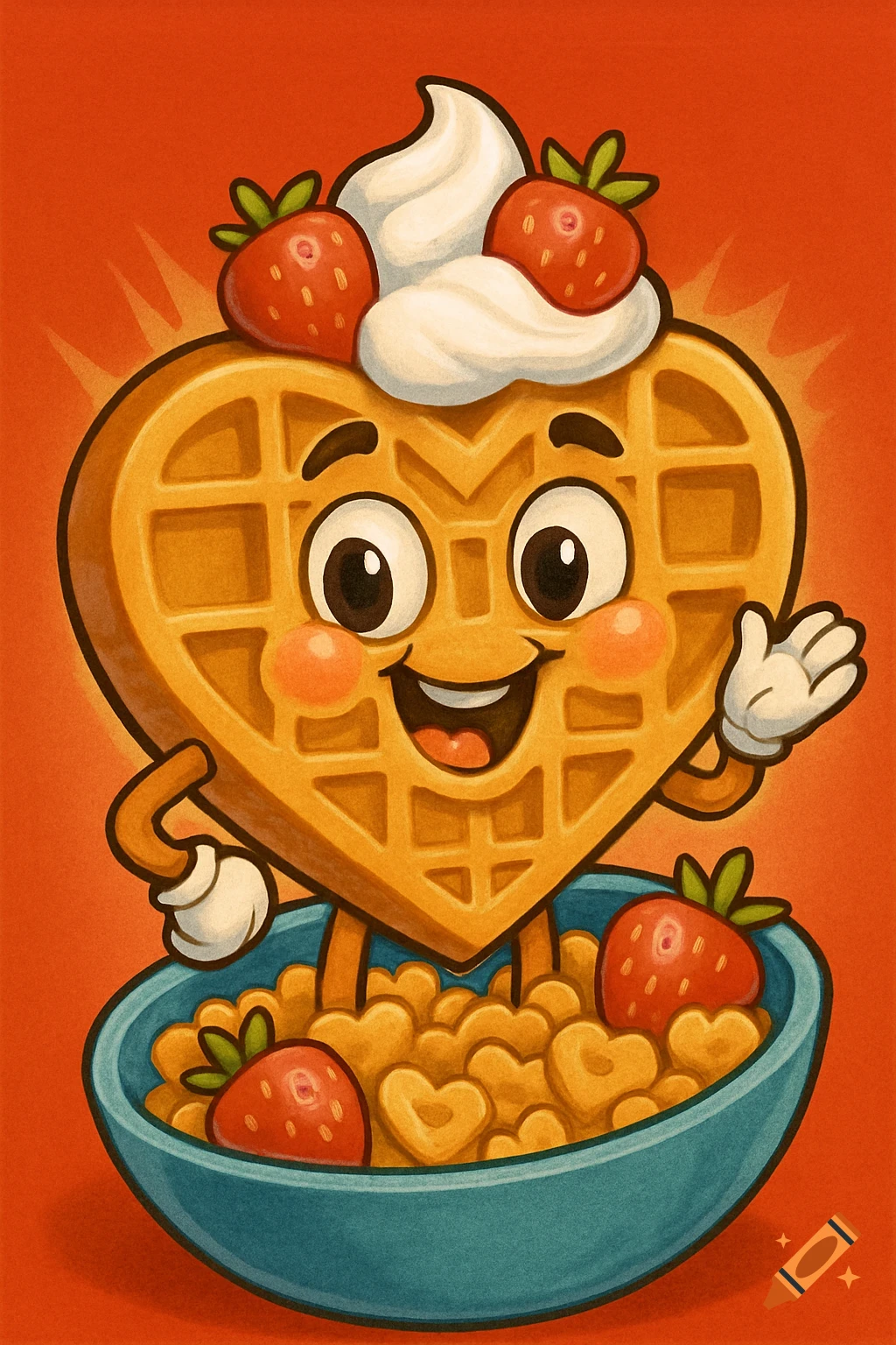 Cartoon heart-shaped waffle character in a bowl of cereal with ...