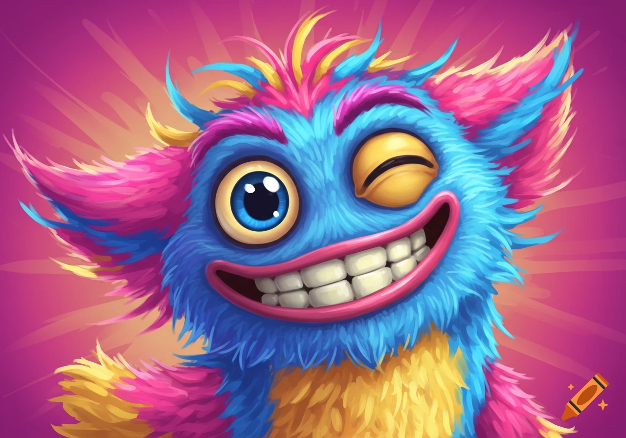 A colorful cartoon monster with blue, pink, and yellow fur, winking and ...