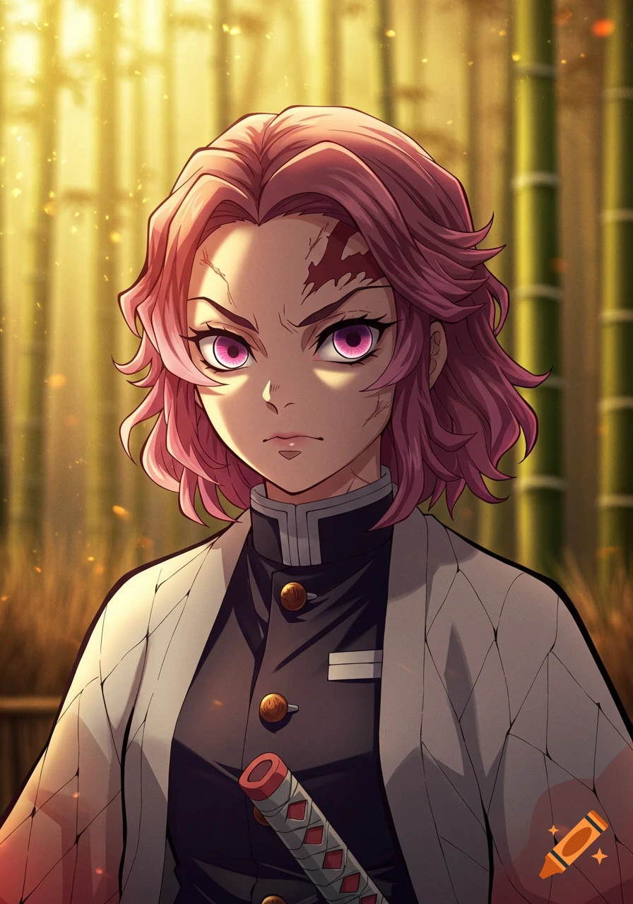 An anime character with pink hair and scars stands with a sword in a ...
