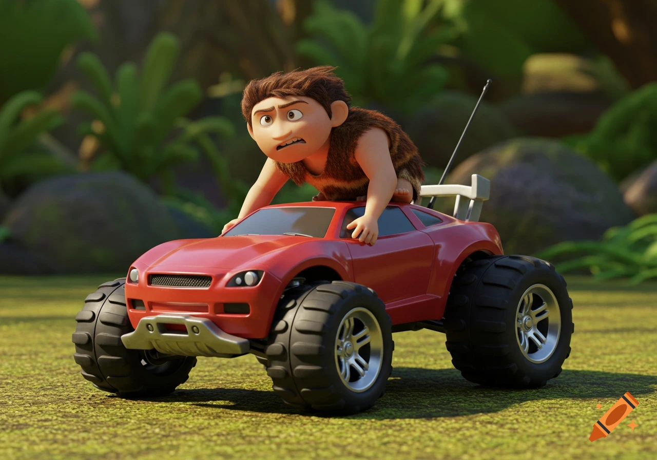 Cartoon caveman character rides a red remote control monster truck in a ...