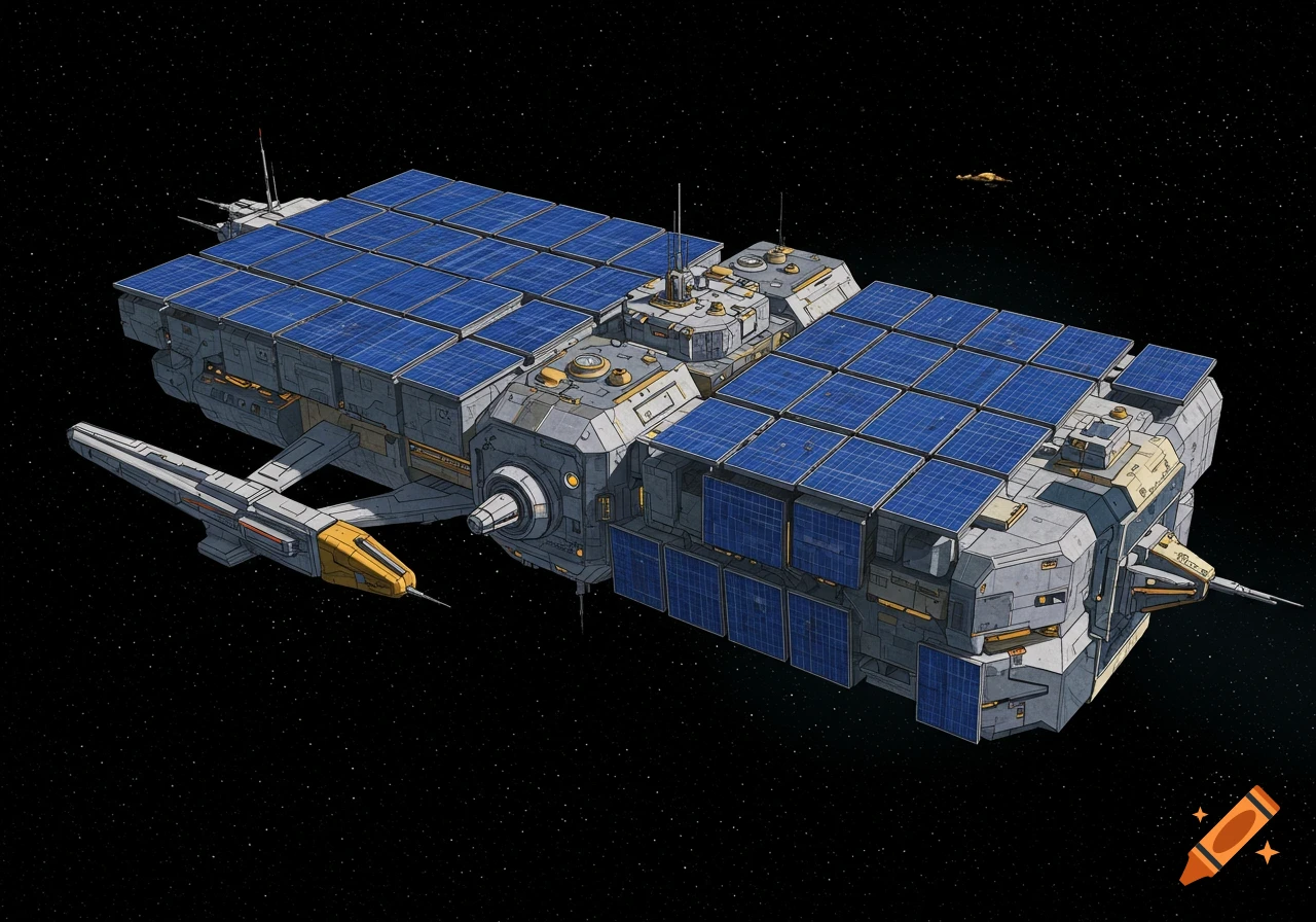 A large spaceship covered in blue solar panels floats in space, line ...