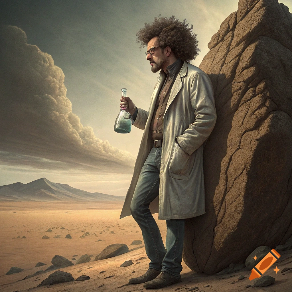 A man in a lab coat holds a beaker while standing in a desert landscape ...