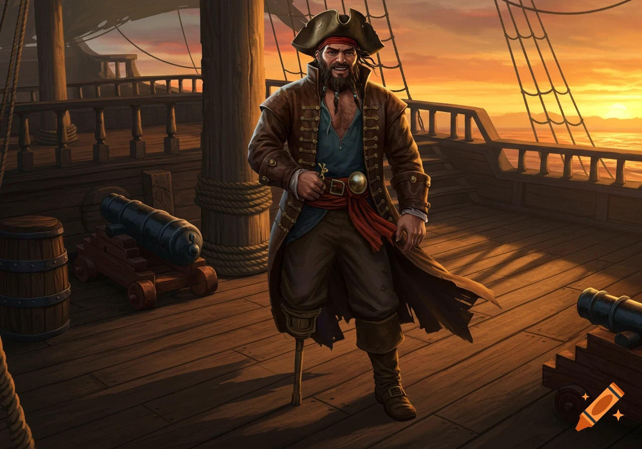 Digital painting of a pirate with a peg leg on a ship deck at sunset on ...