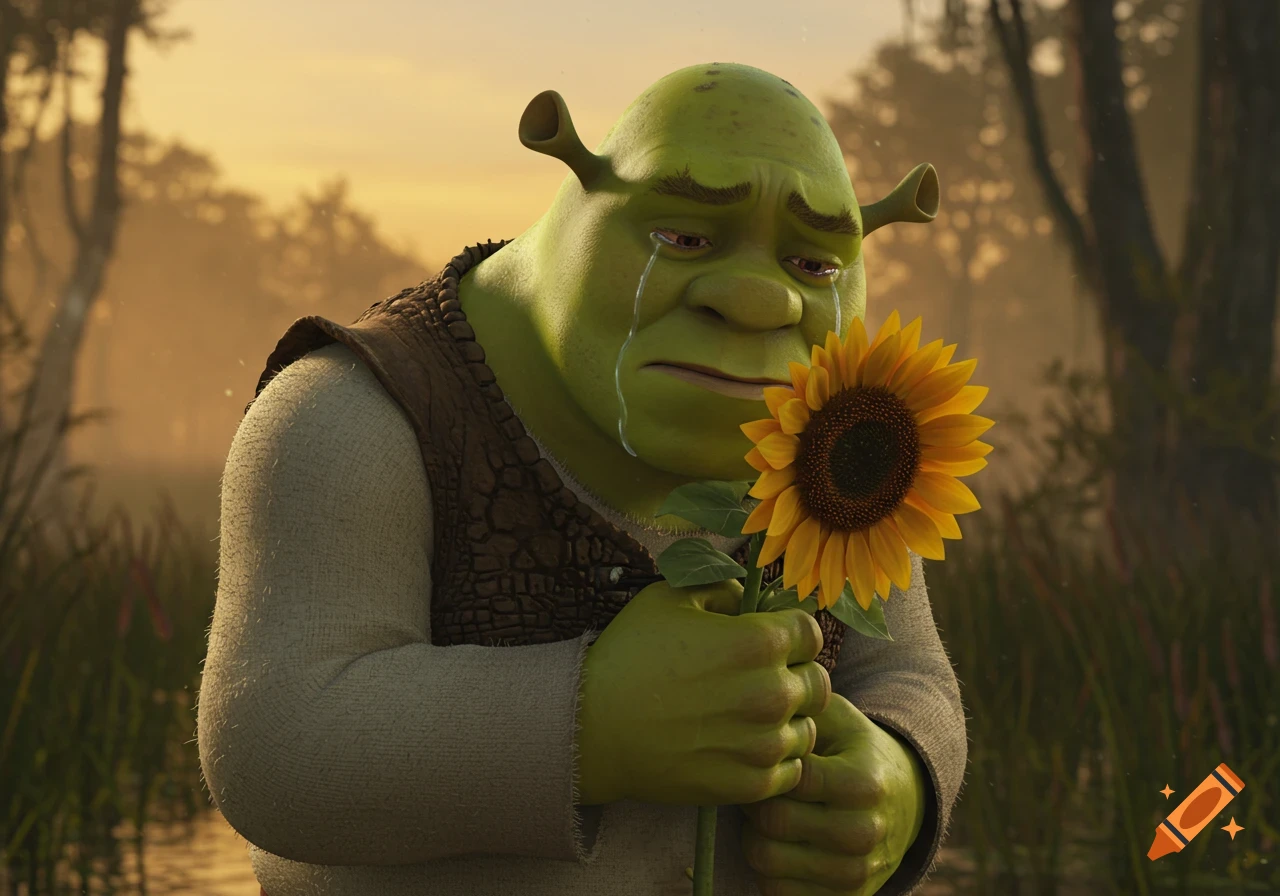Shrek cries while holding a sunflower in a forest at sunset. on Craiyon