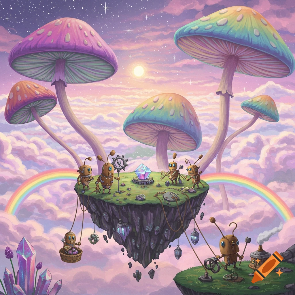 Cute robots on a floating island with giant colorful mushrooms, rainbow ...