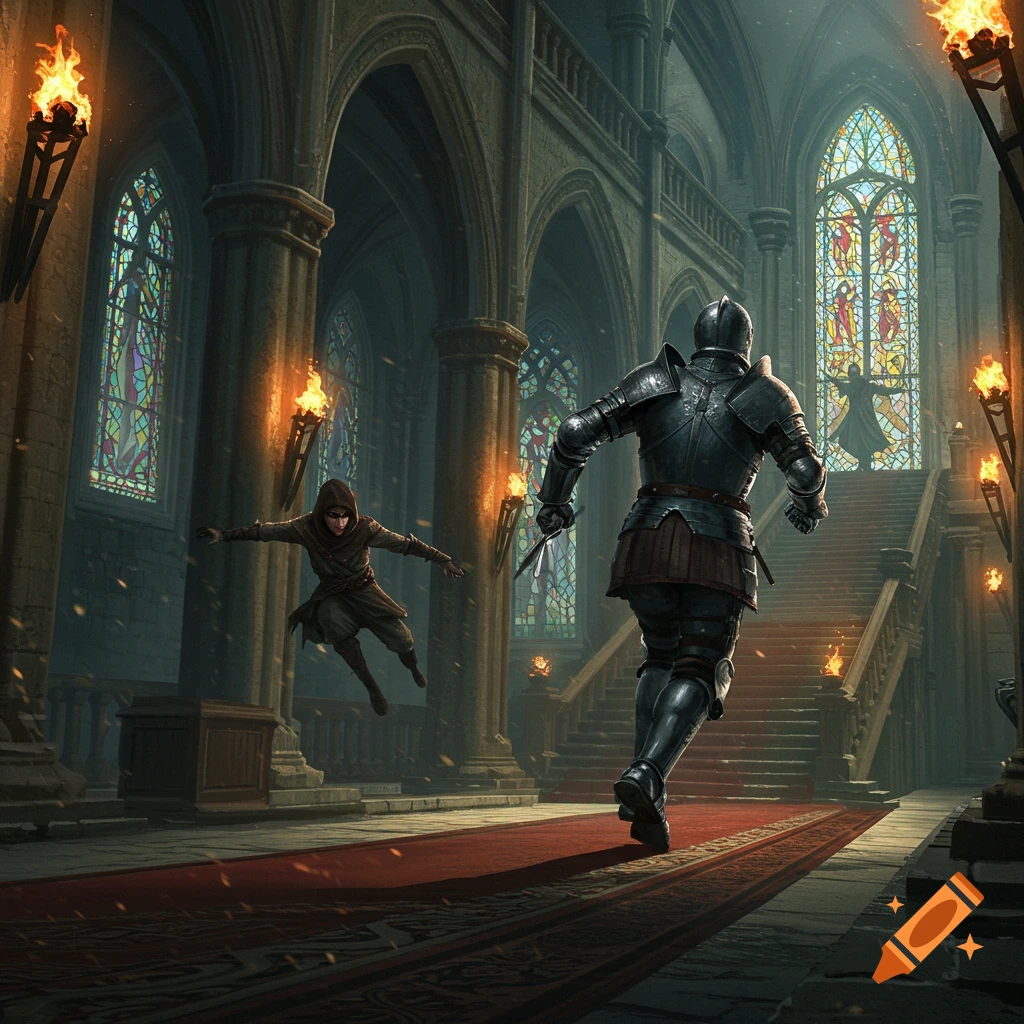A knight chases a hooded figure in a torchlit castle hall with stained ...