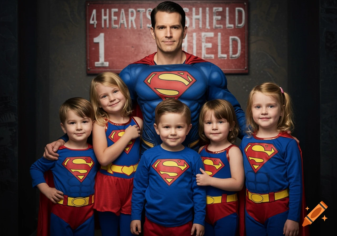 A man dressed as Superman with four children in Superman costumes on ...