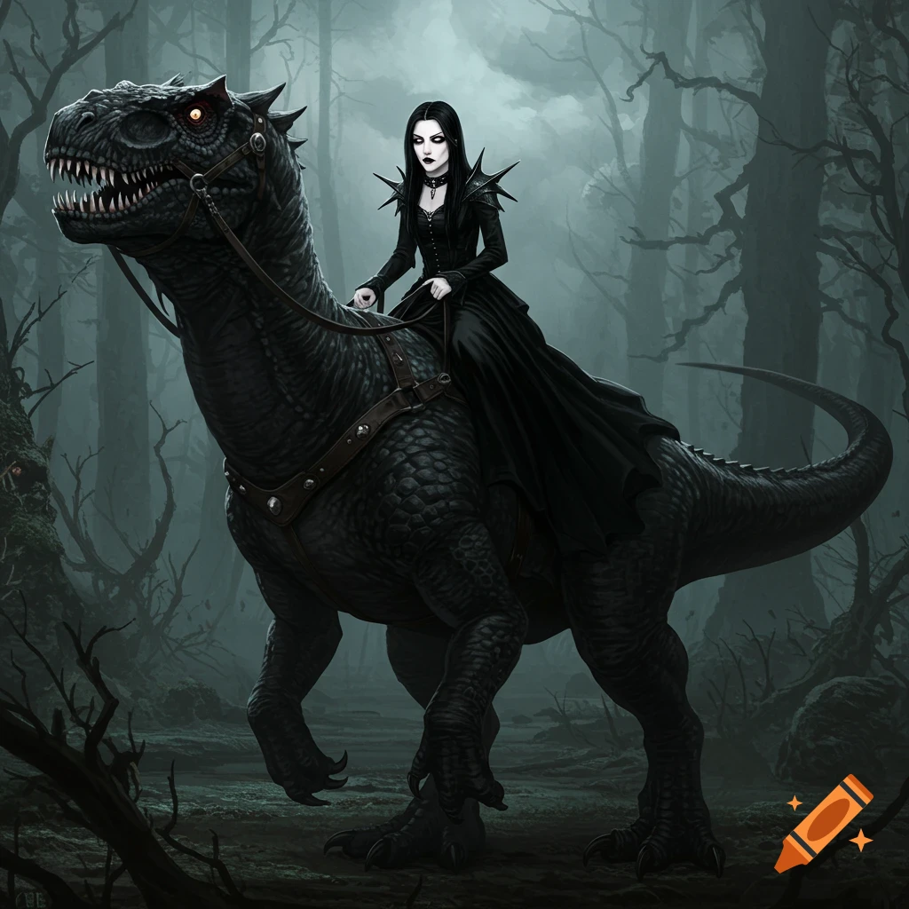 A goth woman in a black dress rides a black dinosaur through a dark ...