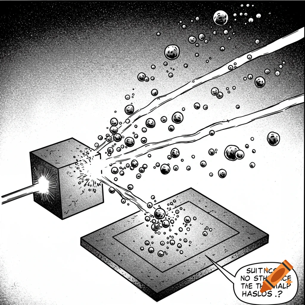 Black and white comic panel shows particle beam hitting a cube ...