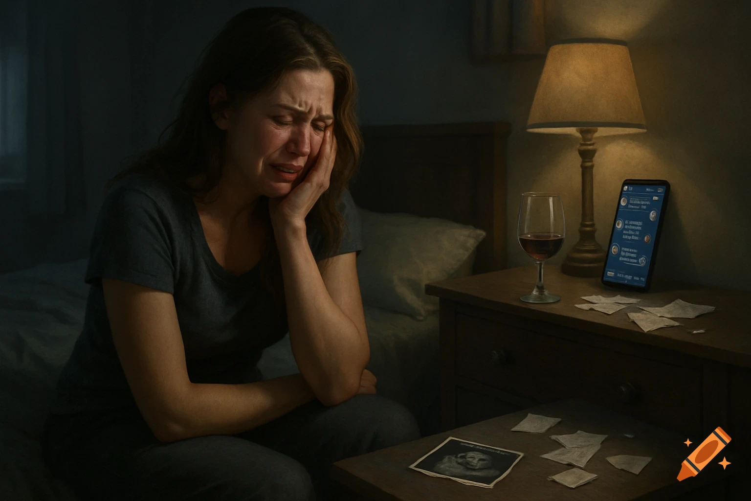Photorealistic image of a woman crying in a dimly lit bedroom at night ...