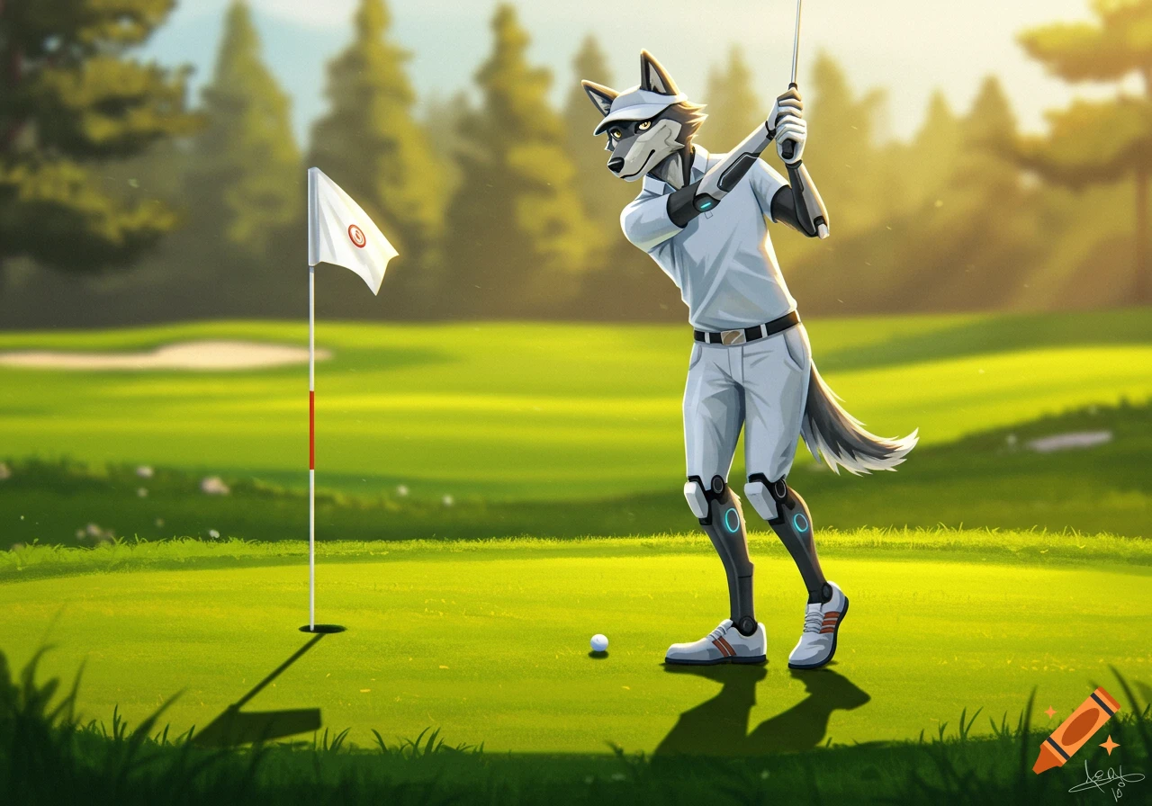 A furry character in a white golf shirt and grey pants swings a golf ...