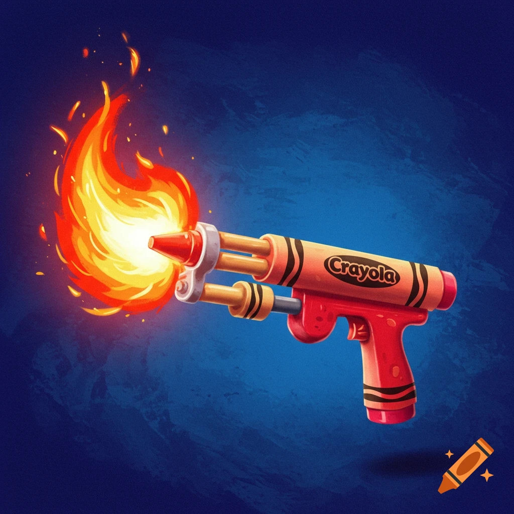 An illustration of a red crayon shaped like a gun, firing a large ...