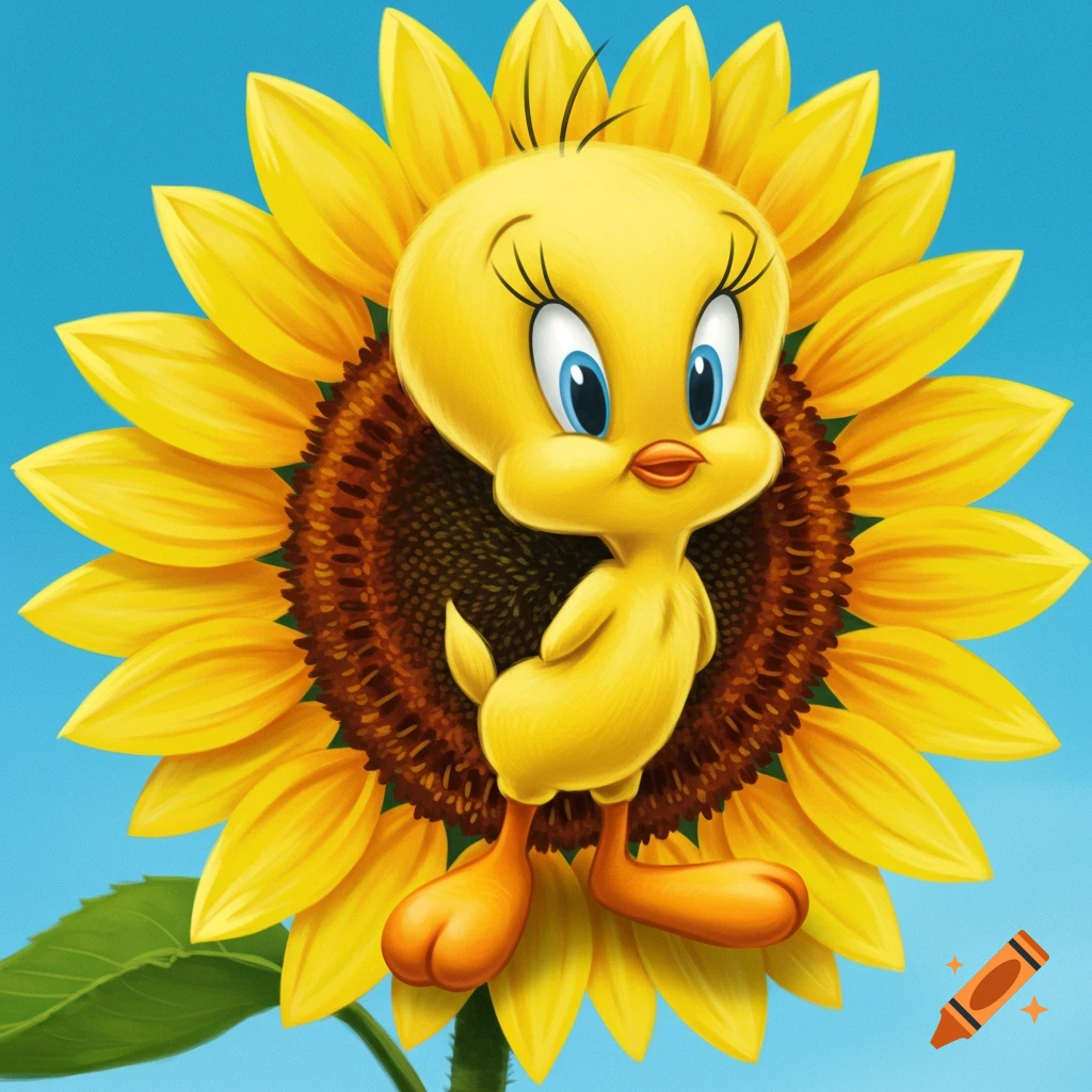 Tweety bird character standing on a large sunflower in a bright digital ...