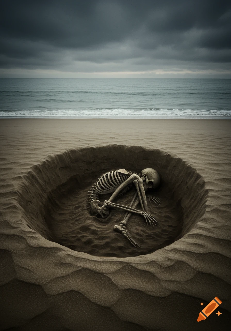 A human skeleton lies curled up in a deep hole dug in the sand of a ...