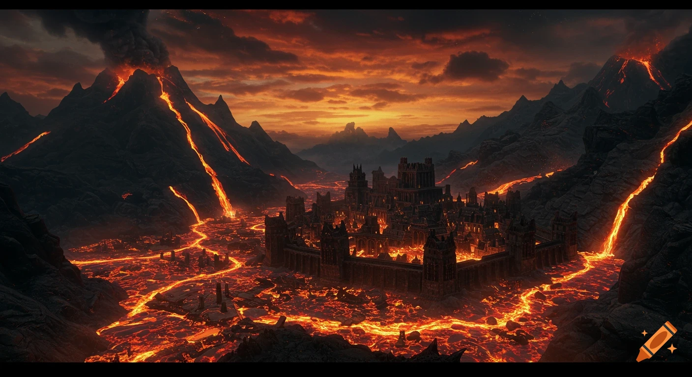 Dark fantasy city surrounded by rivers of lava from erupting volcanoes under a dramatic sky. on ...