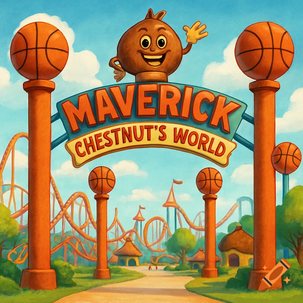A cartoon illustration of a theme park entrance sign with a chestnut ...