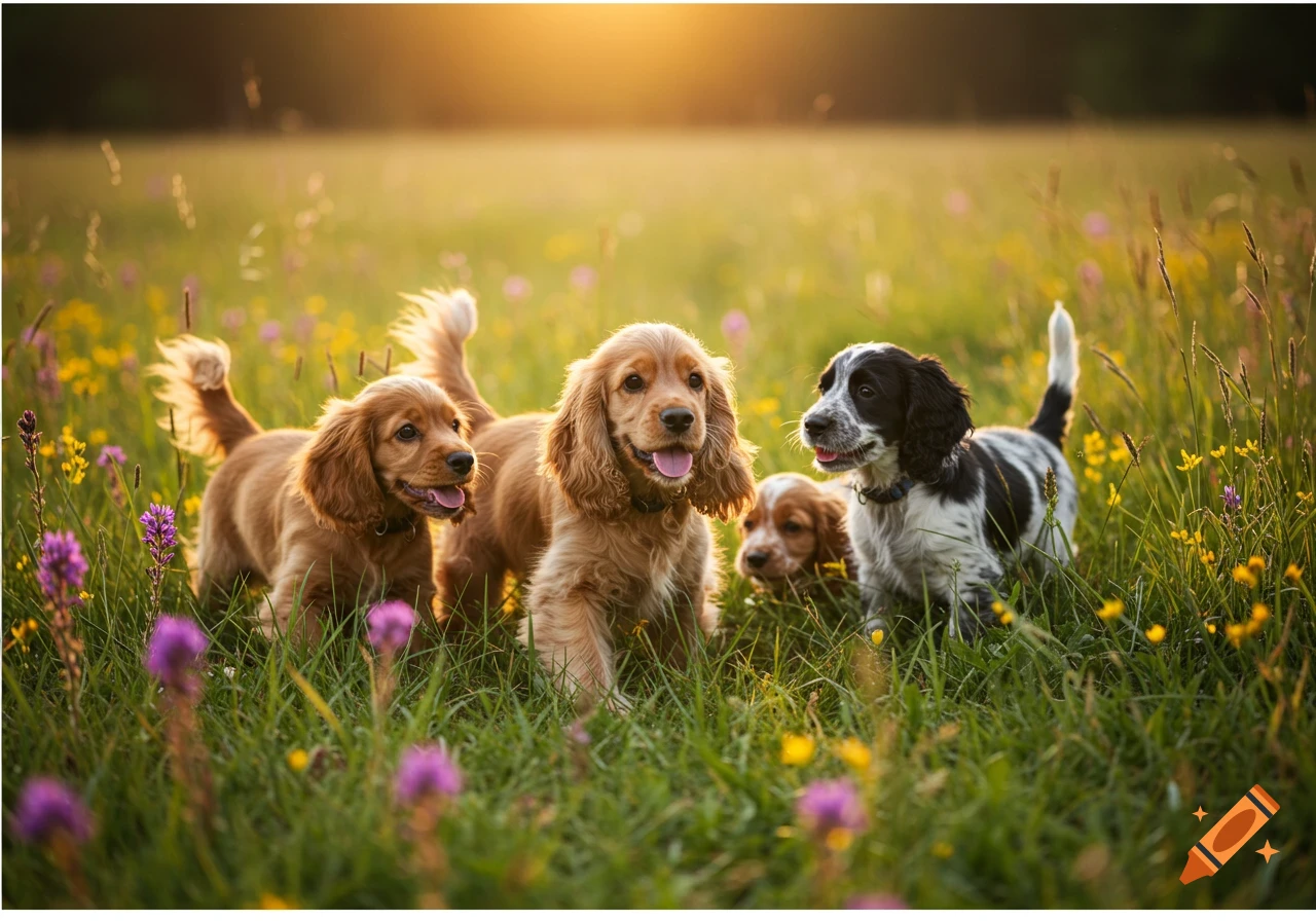 Four dogs playing in a sunny meadow with flowers, photorealistic. on ...