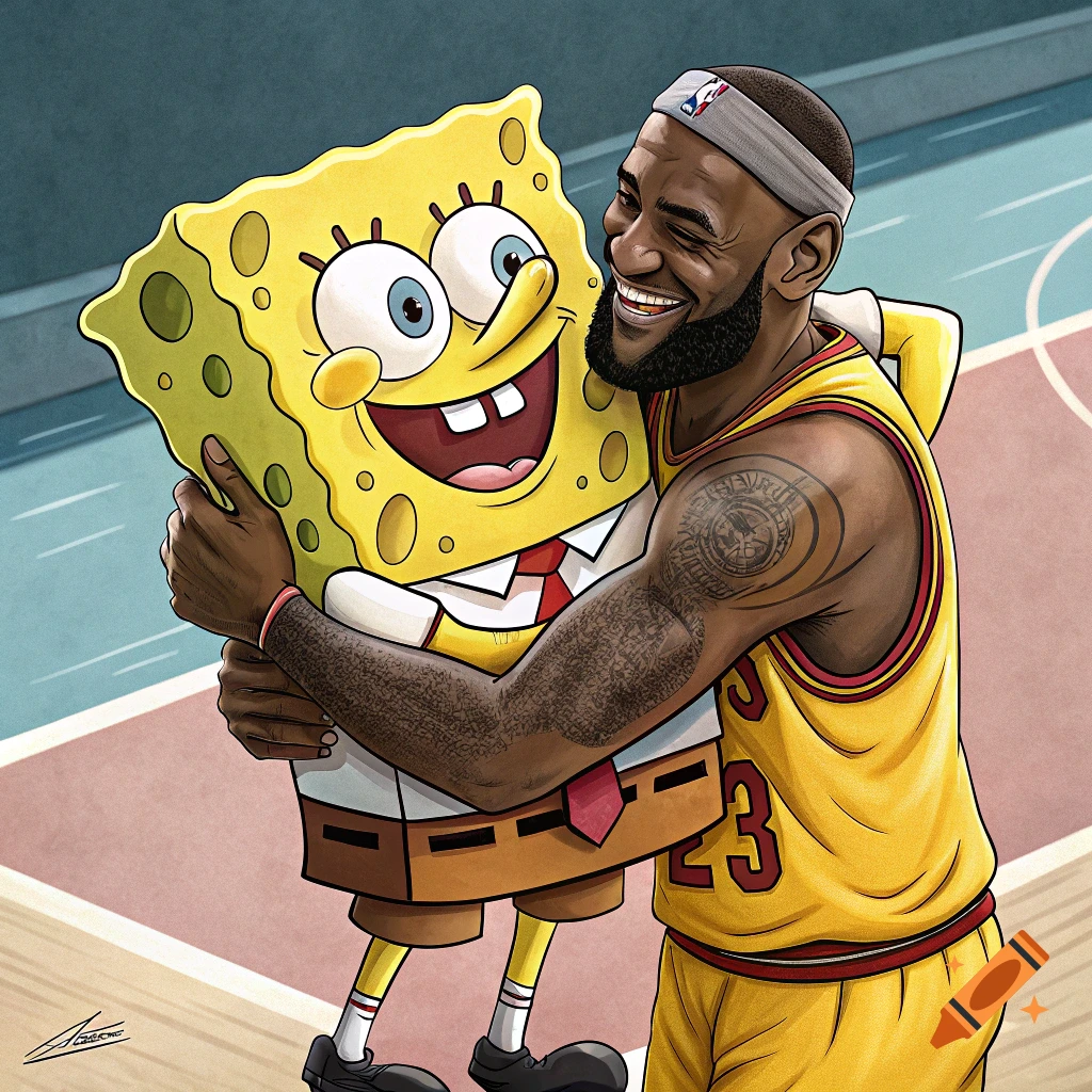 Illustration of LeBron James hugging Spongebob Squarepants on a ...