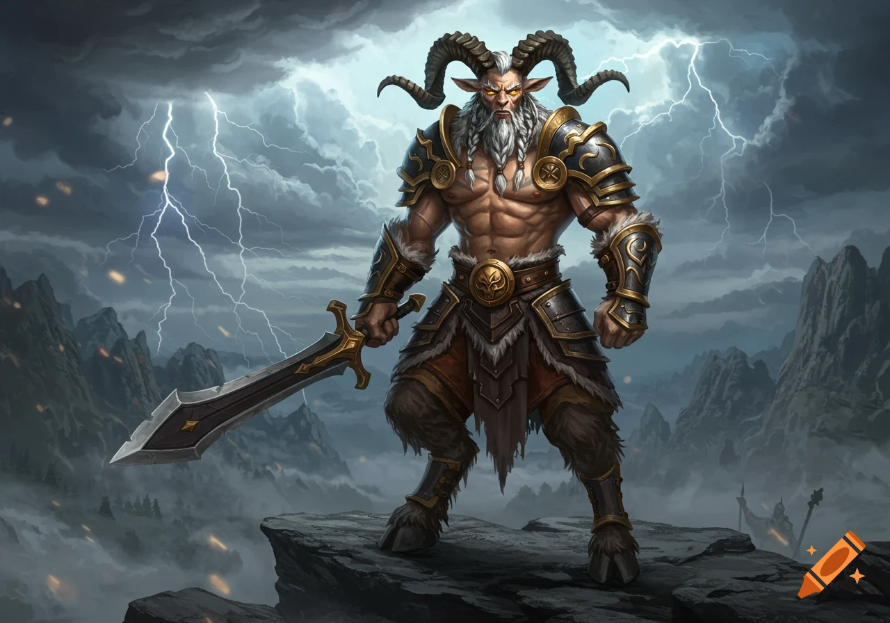 Powerful fantasy goat warrior in armor stands on a cliff with lightning ...